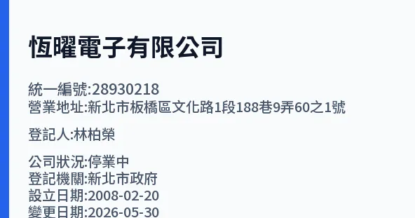 恆曜電子有限公司的照片-統編 28930218(新北市) 公司登記資料與營業項目詳細圖表