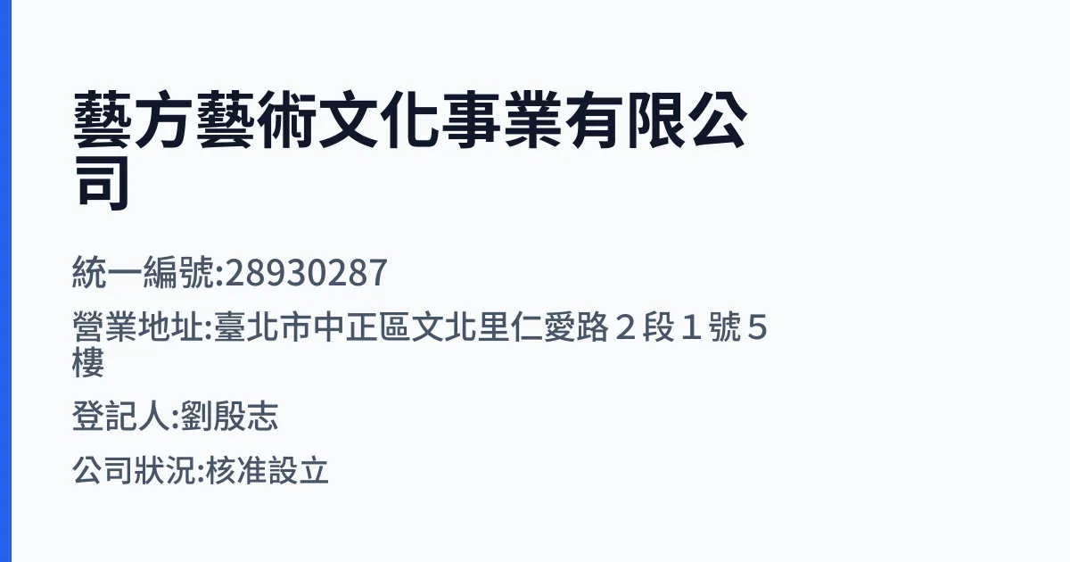 藝方藝術文化事業有限公司 - 統編 28930287(臺北市) 公司登記資料與營業項目詳細圖表
