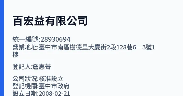 百宏益有限公司的照片-統編 28930694(臺中市) 公司登記資料與營業項目詳細圖表