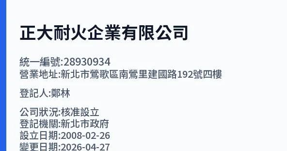 正大耐火企業有限公司的照片-統編 28930934(新北市) 公司登記資料與營業項目詳細圖表