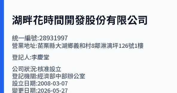 湖畔花時間開發股份有限公司的照片-統編 28931997(苗栗縣) 公司登記資料與營業項目詳細圖表