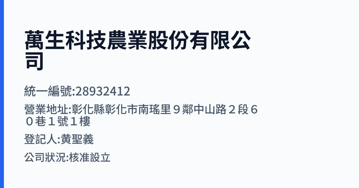 萬生科技農業股份有限公司 - 統編 28932412(彰化縣) 公司登記資料與營業項目詳細圖表