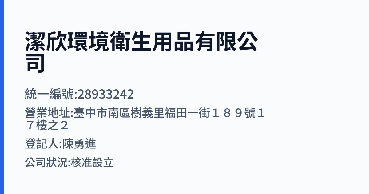 潔欣環境衛生用品有限公司 - 統編 28933242(臺中市) 公司登記資料與營業項目詳細圖表