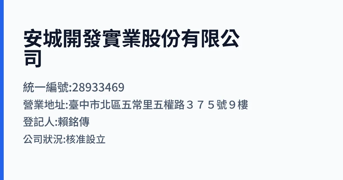 安城開發實業股份有限公司 - 統編 28933469(臺中市) 公司登記資料與營業項目詳細圖表