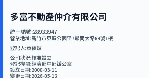多富不動產仲介有限公司的照片-統編 28933947(新竹市) 公司登記資料與營業項目詳細圖表