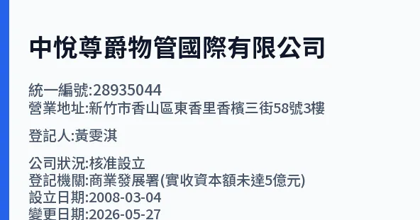 中悅尊爵物管國際有限公司的照片-統編 28935044(新竹市) 公司登記資料與營業項目詳細圖表