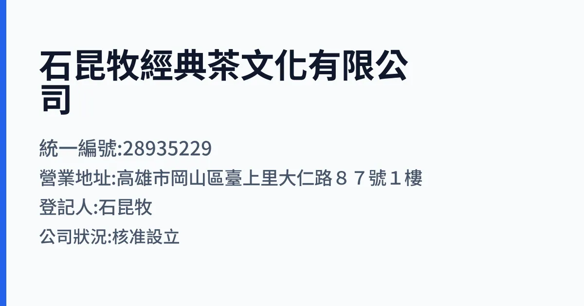 石昆牧經典茶文化有限公司 - 統編 28935229(高雄市) 公司登記資料與營業項目詳細圖表