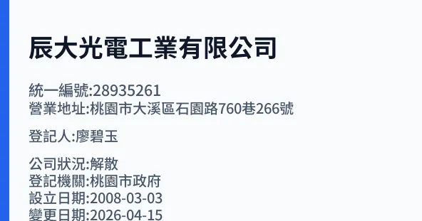 辰大光電工業有限公司的照片-統編 28935261(桃園市) 公司登記資料與營業項目詳細圖表