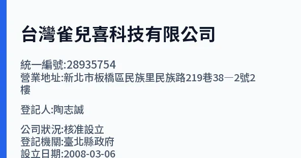台灣雀兒喜科技有限公司的照片-統編 28935754(新北市) 公司登記資料與營業項目詳細圖表
