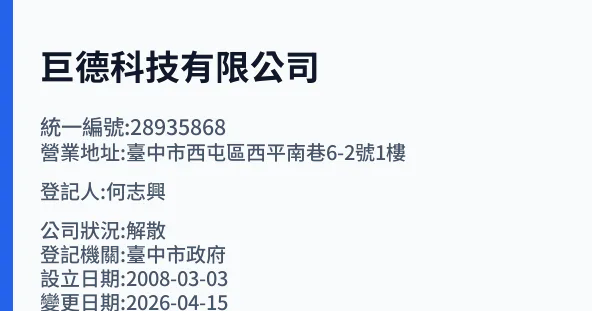 巨德科技有限公司的照片-統編 28935868(臺中市) 公司登記資料與營業項目詳細圖表