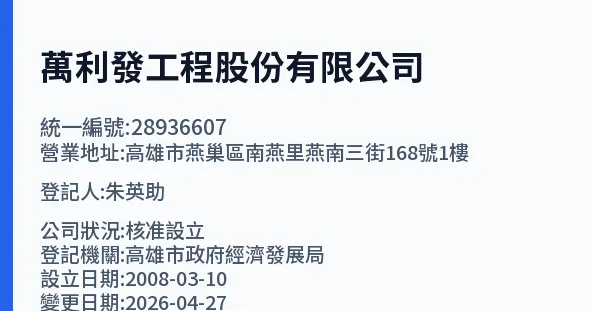 萬利發工程股份有限公司的照片-統編 28936607(高雄市) 公司登記資料與營業項目詳細圖表