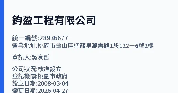 鈞盈工程有限公司的照片-統編 28936677(桃園市) 公司登記資料與營業項目詳細圖表