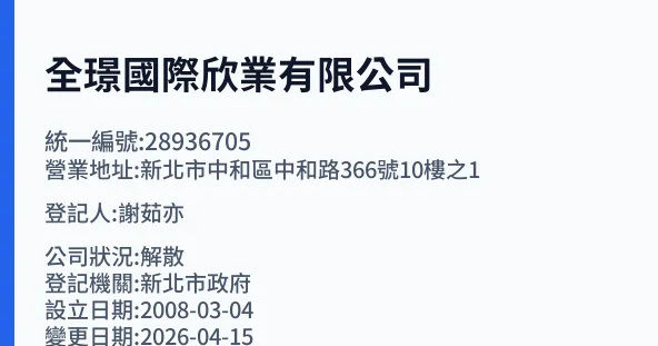 全璟國際欣業有限公司的照片-統編 28936705(新北市) 公司登記資料與營業項目詳細圖表