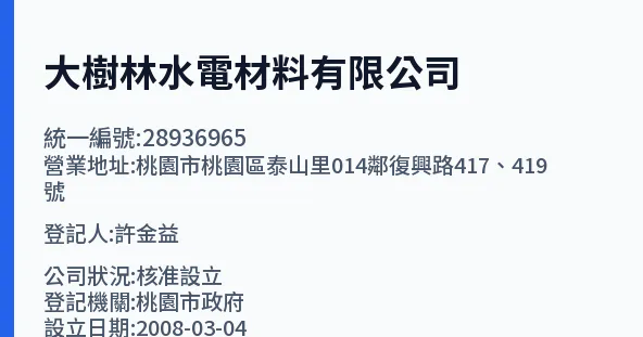 大樹林水電材料有限公司的照片-統編 28936965(桃園市) 公司登記資料與營業項目詳細圖表