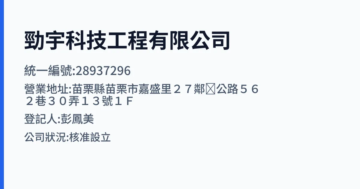 勁宇科技工程有限公司 - 統編 28937296(苗栗縣) 公司登記資料與營業項目詳細圖表