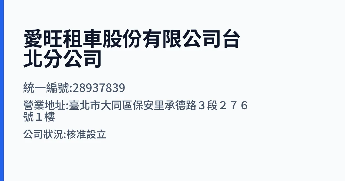 愛旺租車股份有限公司台北分公司 - 統編 28937839（臺北市） 公司登記資料與營業項目詳細圖表