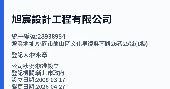 旭宸設計工程有限公司的照片-統編 28938984(桃園市) 公司登記資料與營業項目詳細圖表