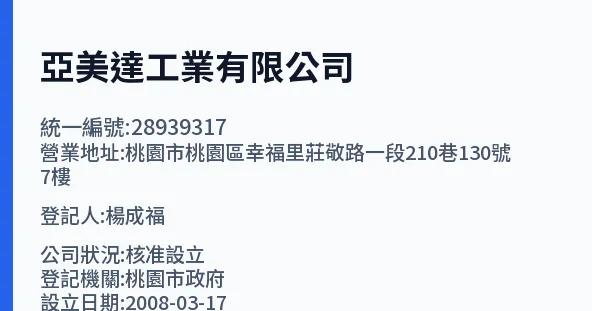 亞美達工業有限公司的照片-統編 28939317(桃園市) 公司登記資料與營業項目詳細圖表