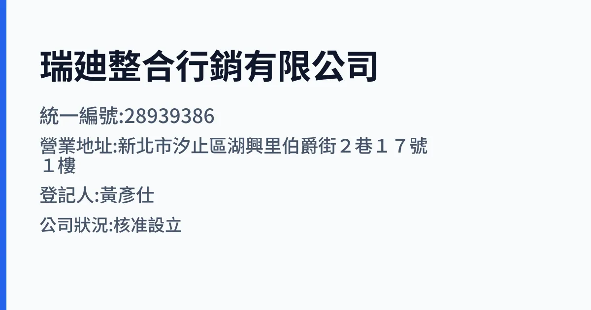 瑞廸整合行銷有限公司 - 統編 28939386(新北市) 公司登記資料與營業項目詳細圖表