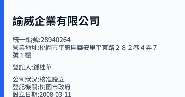 諭威企業有限公司的照片-統編 28940264(桃園市) 公司登記資料與營業項目詳細圖表