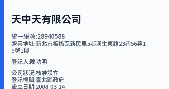 天中天有限公司的照片-統編 28940588(新北市) 公司登記資料與營業項目詳細圖表