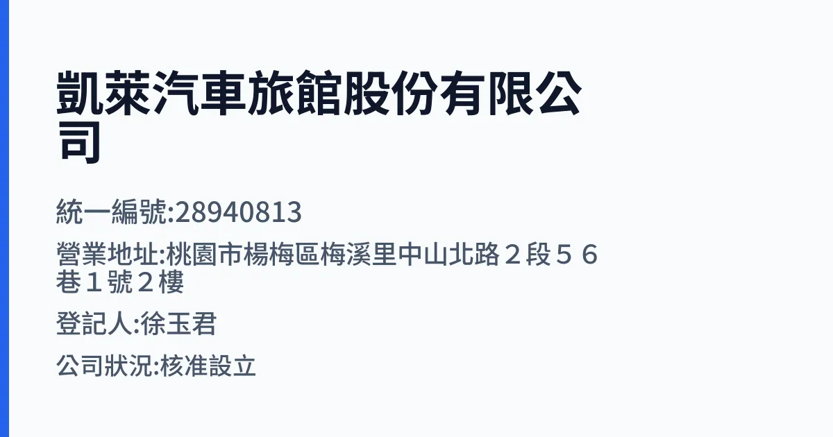凱萊汽車旅館股份有限公司 - 統編 28940813(桃園市) 公司登記資料與營業項目詳細圖表