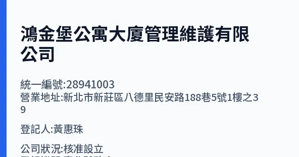 鴻金堡公寓大廈管理維護有限公司的照片-統編 28941003(新北市) 公司登記資料與營業項目詳細圖表