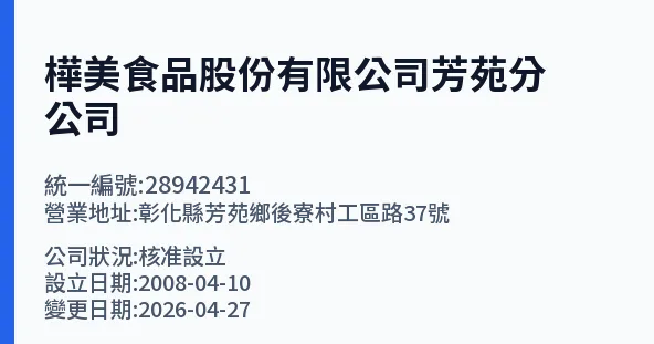 樺美食品股份有限公司芳苑分公司的照片-統編 28942431(彰化縣) 公司登記資料與營業項目詳細圖表