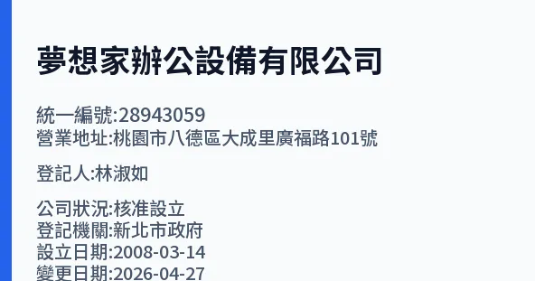 夢想家辦公設備有限公司的照片-統編 28943059(桃園市) 公司登記資料與營業項目詳細圖表