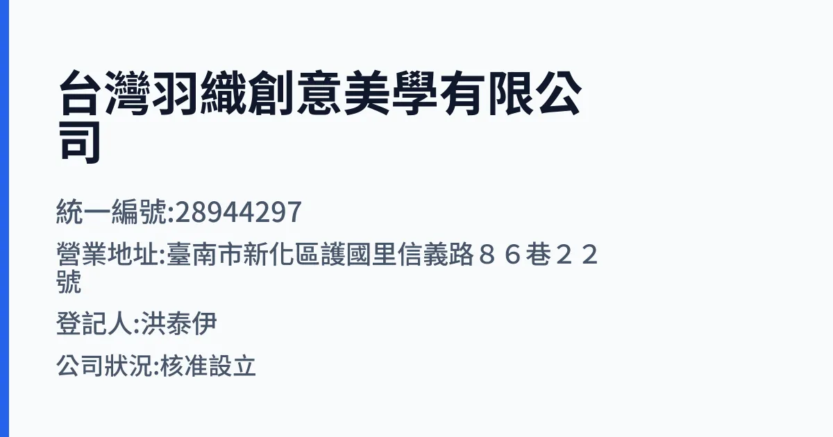 台灣羽織創意美學有限公司 - 統編 28944297(臺南市) 公司登記資料與營業項目詳細圖表