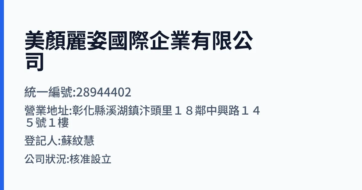 美顏麗姿國際企業有限公司 - 統編 28944402(彰化縣) 公司登記資料與營業項目詳細圖表