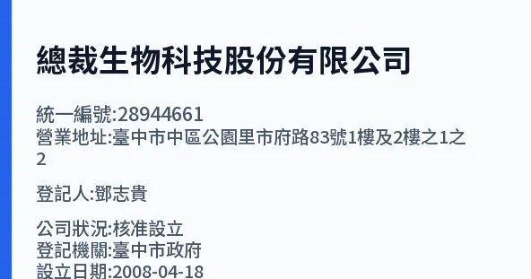 總裁生物科技股份有限公司的照片-統編 28944661(臺中市) 公司登記資料與營業項目詳細圖表