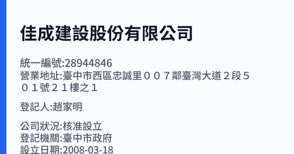 佳成建設股份有限公司的照片-統編 28944846(臺中市) 公司登記資料與營業項目詳細圖表