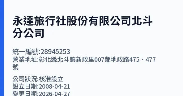 永達旅行社股份有限公司北斗分公司的照片-統編 28945253(彰化縣) 公司登記資料與營業項目詳細圖表