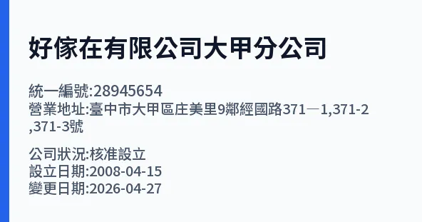 好傢在有限公司大甲分公司的照片-統編 28945654(臺中市) 公司登記資料與營業項目詳細圖表