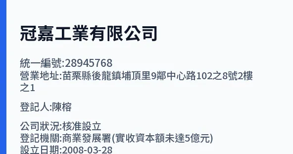 冠嘉工業有限公司的照片-統編 28945768(苗栗縣) 公司登記資料與營業項目詳細圖表