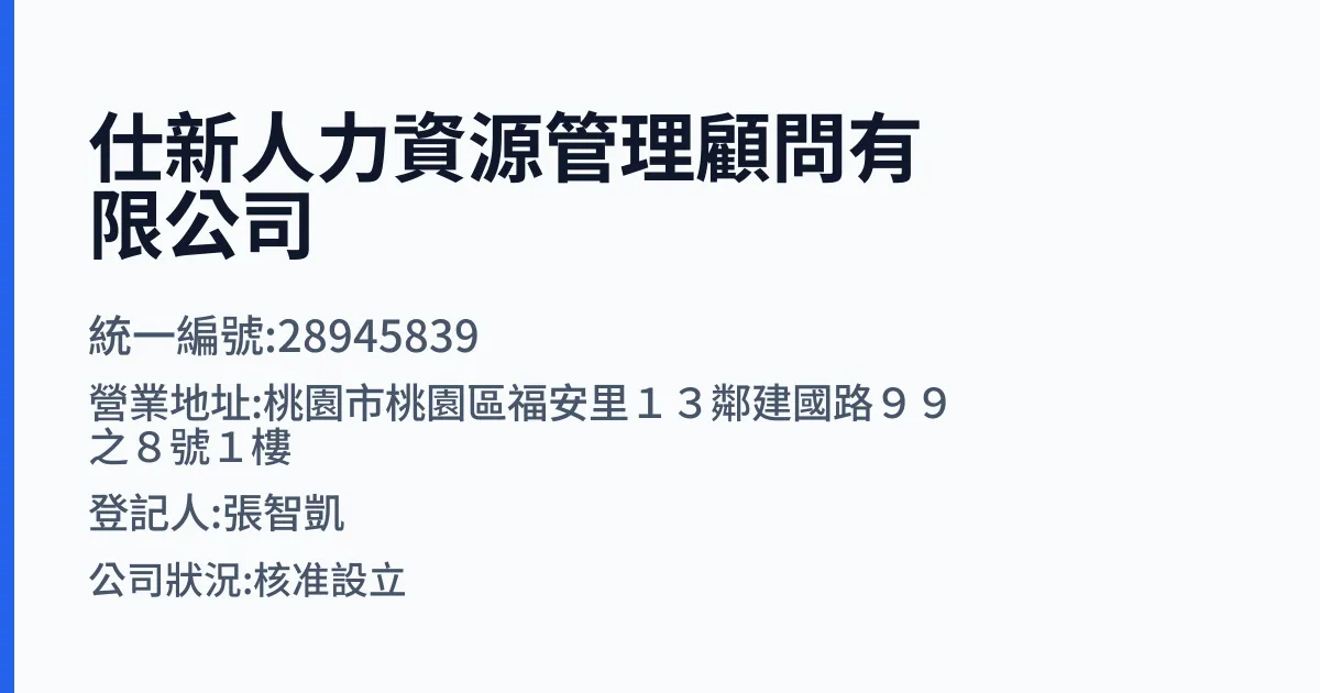 仕新人力資源管理顧問有限公司 - 統編 28945839(桃園市) 公司登記資料與營業項目詳細圖表