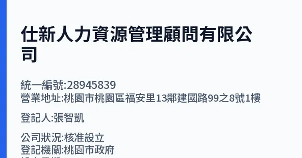仕新人力資源管理顧問有限公司的照片-統編 28945839(桃園市) 公司登記資料與營業項目詳細圖表