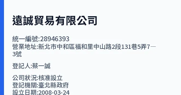 遠誠貿易有限公司的照片-統編 28946393(新北市) 公司登記資料與營業項目詳細圖表