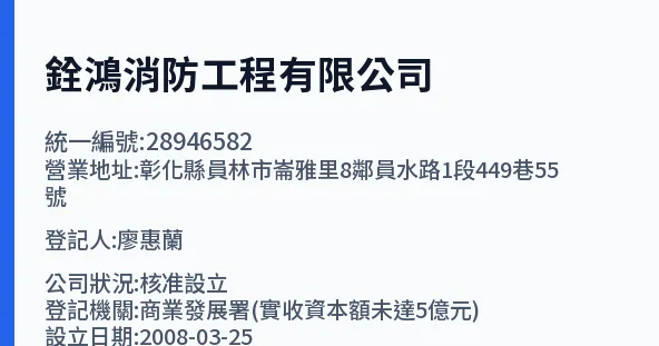 銓鴻消防工程有限公司的照片-統編 28946582(彰化縣) 公司登記資料與營業項目詳細圖表