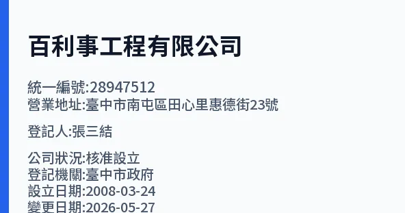 百利事工程有限公司的照片-統編 28947512(臺中市) 公司登記資料與營業項目詳細圖表