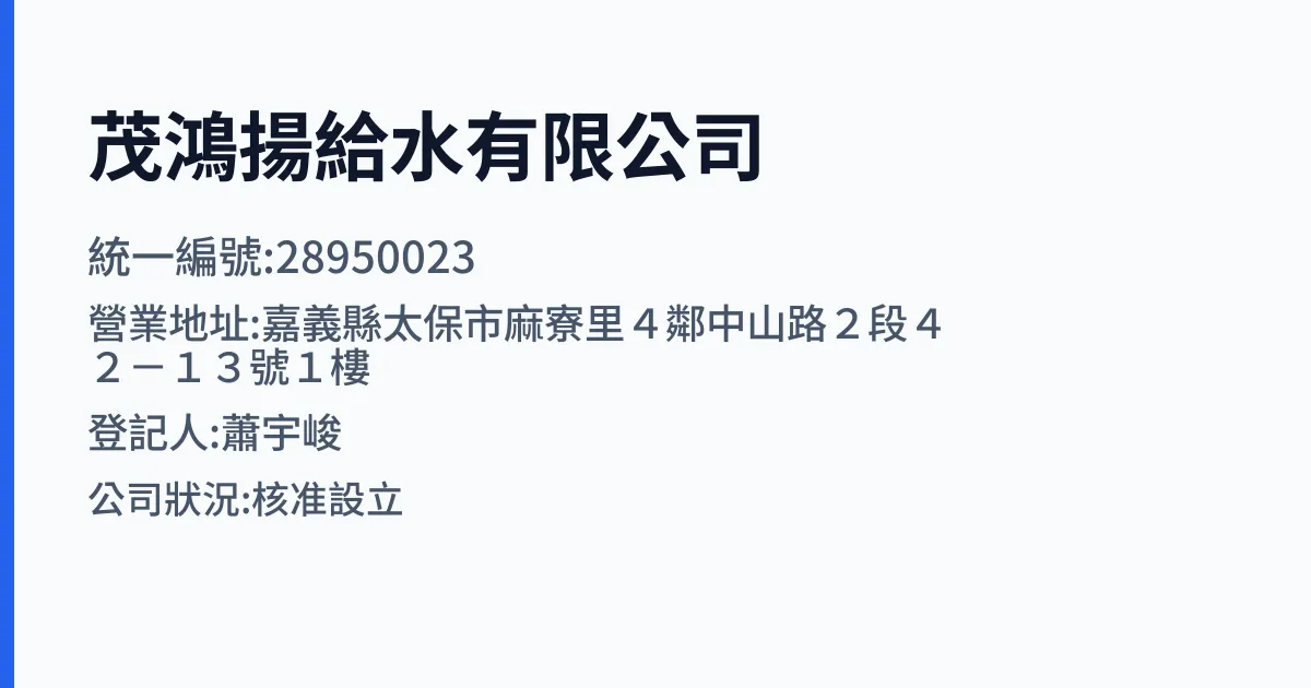 茂鴻揚給水有限公司 - 統編 28950023(嘉義縣) 公司登記資料與營業項目詳細圖表