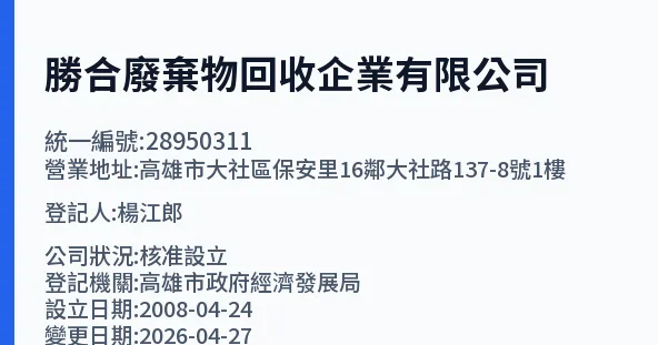 勝合廢棄物回收企業有限公司的照片-統編 28950311(高雄市) 公司登記資料與營業項目詳細圖表