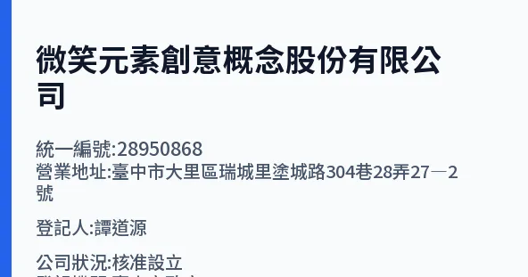 微笑元素創意概念股份有限公司的照片-統編 28950868(臺中市) 公司登記資料與營業項目詳細圖表