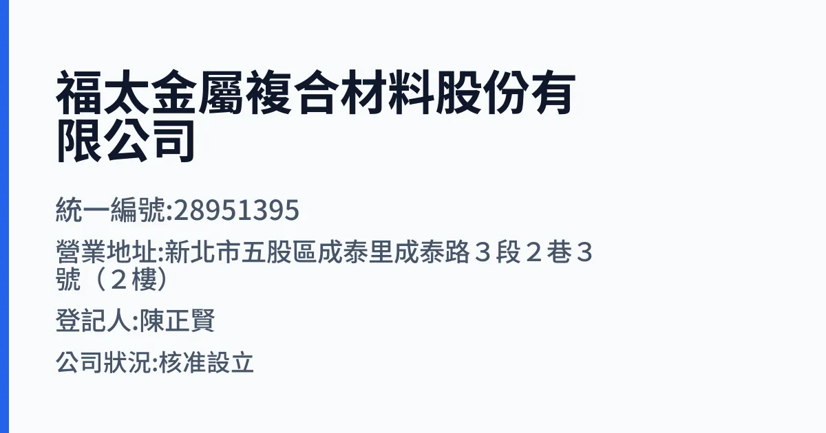 福太金屬複合材料股份有限公司 - 統編 28951395(新北市) 公司登記資料與營業項目詳細圖表