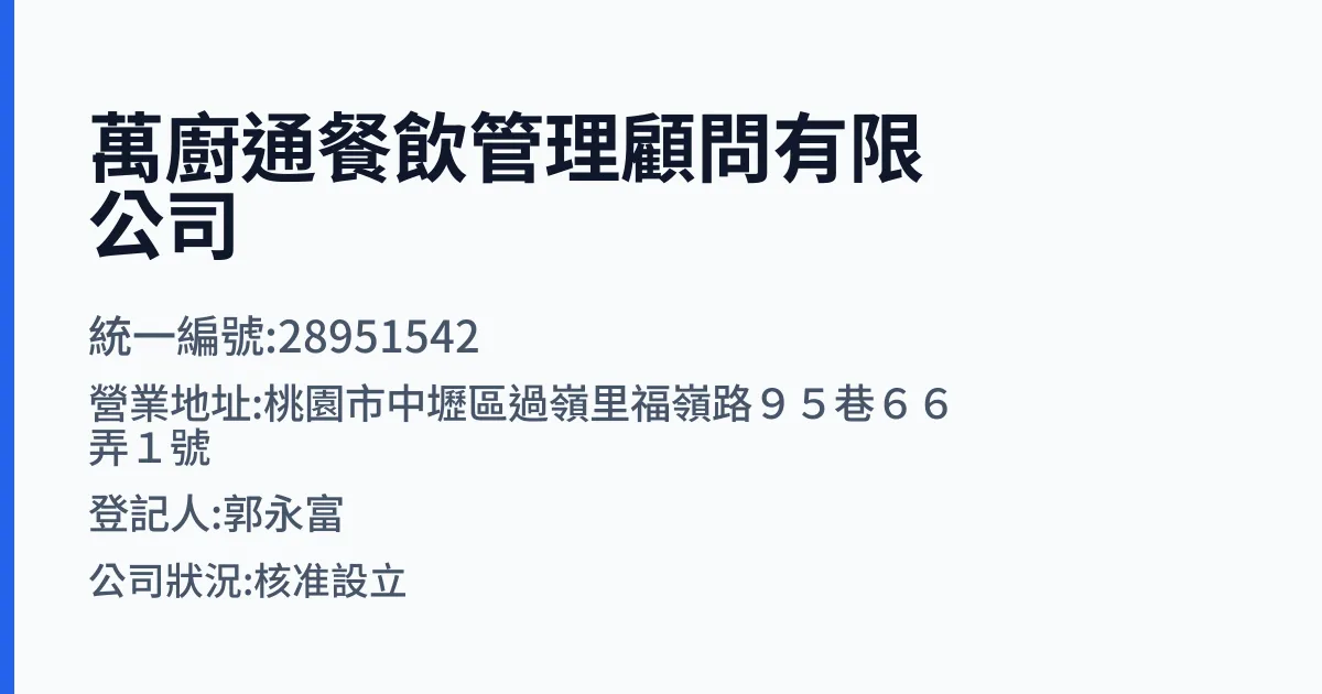 萬廚通餐飲管理顧問有限公司 - 統編 28951542(桃園市) 公司登記資料與營業項目詳細圖表