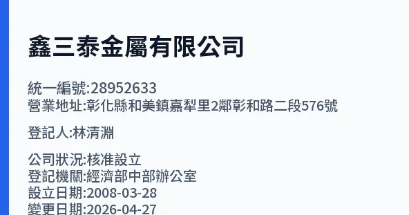 鑫三泰金屬有限公司的照片-統編 28952633(彰化縣) 公司登記資料與營業項目詳細圖表