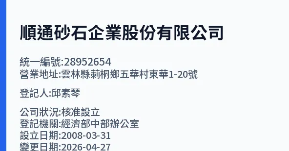 順通砂石企業股份有限公司的照片-統編 28952654(雲林縣) 公司登記資料與營業項目詳細圖表