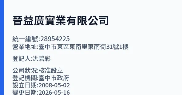 晉益廣實業有限公司的照片-統編 28954225(臺中市) 公司登記資料與營業項目詳細圖表