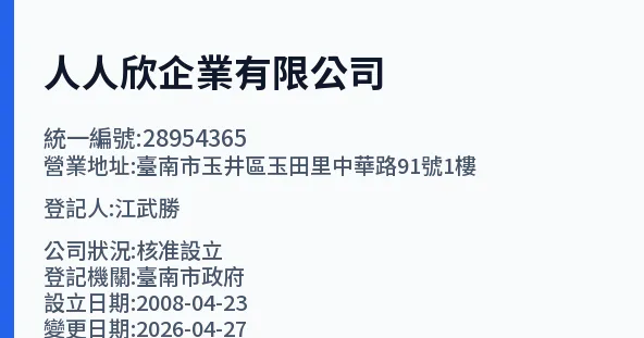 人人欣企業有限公司的照片-統編 28954365(臺南市) 公司登記資料與營業項目詳細圖表